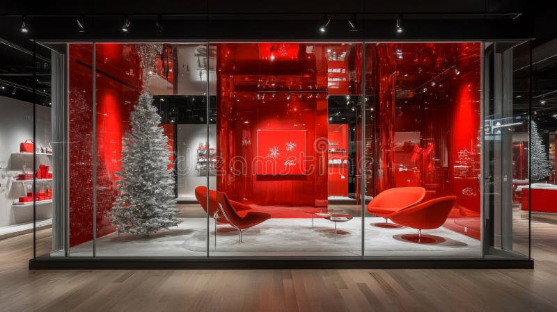 Festive Red Retail Display with Christmas Tree and Modern Seating Stock ...