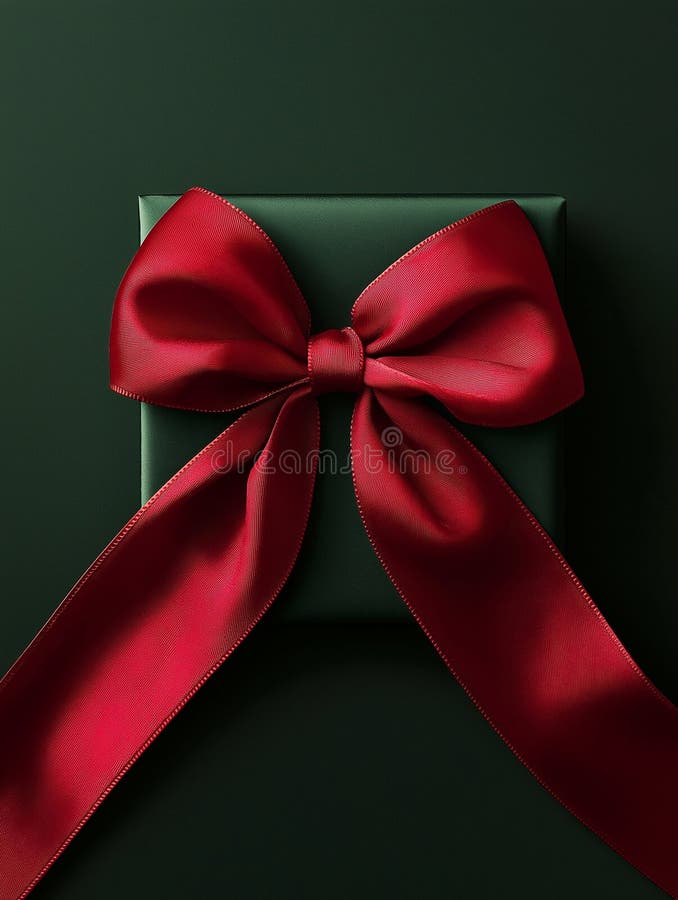 Festive Red Ribbon Bow on Deep Green Gift Box with Subtle Shadows Stock ...