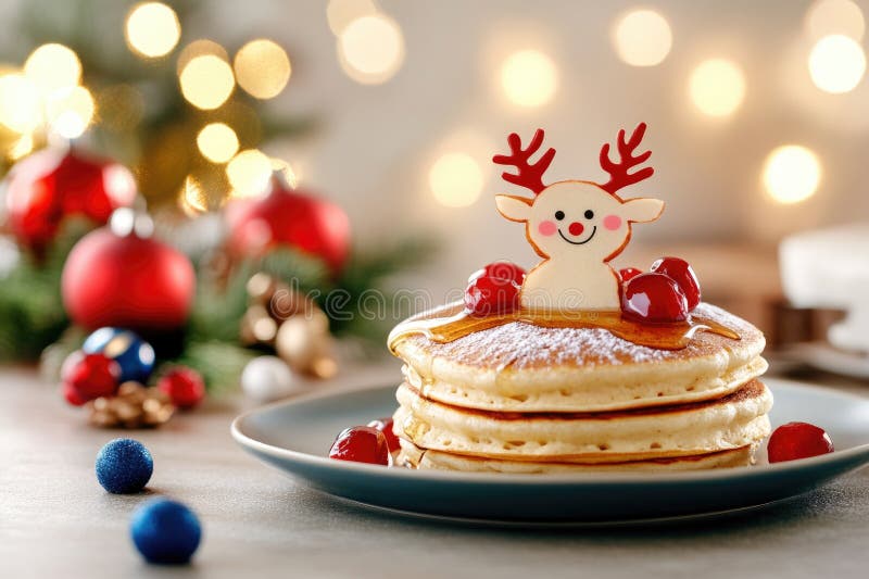 Festive Reindeer Pancakes with Berries and Candles on a Holiday Table ...