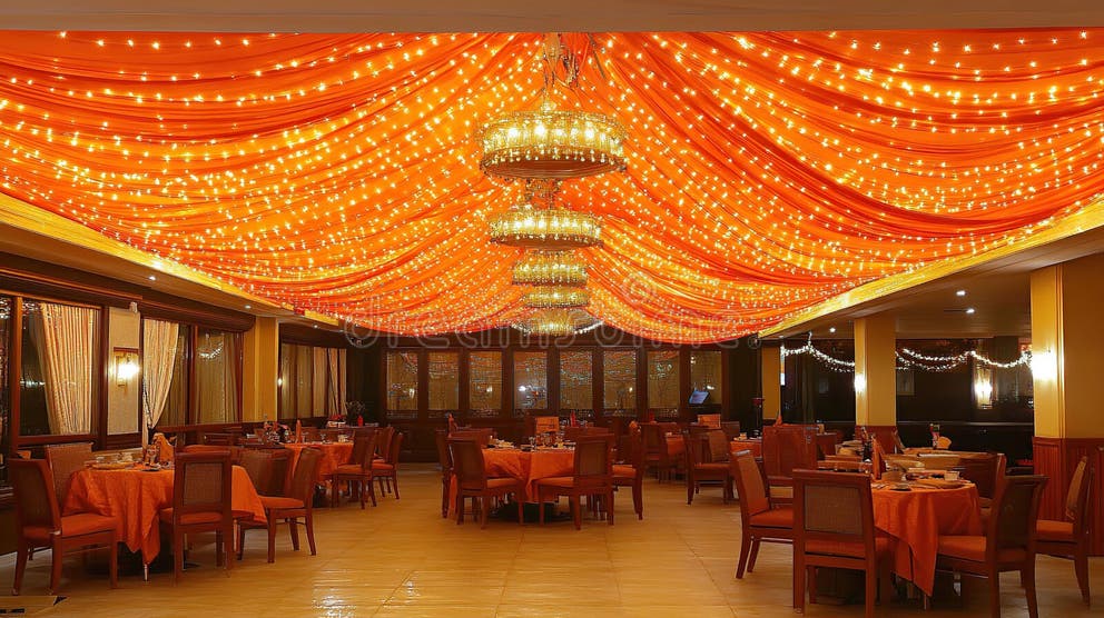 Festive Restaurant Interior, Orange Decor, Night Stock Image - Image of ...