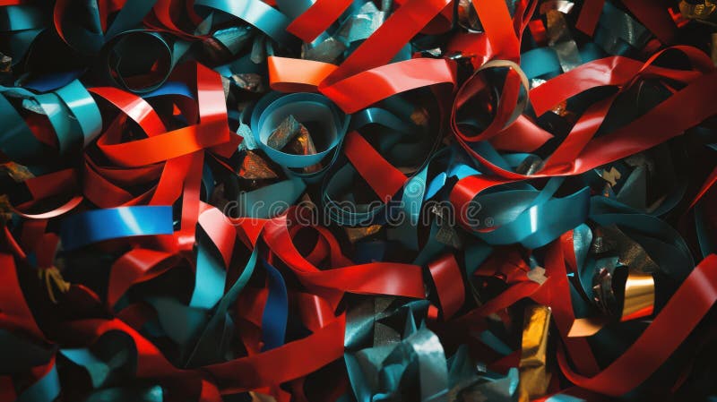 Festive Ribbons and Wrapping Paper Scattered Around after Gift Opening ...