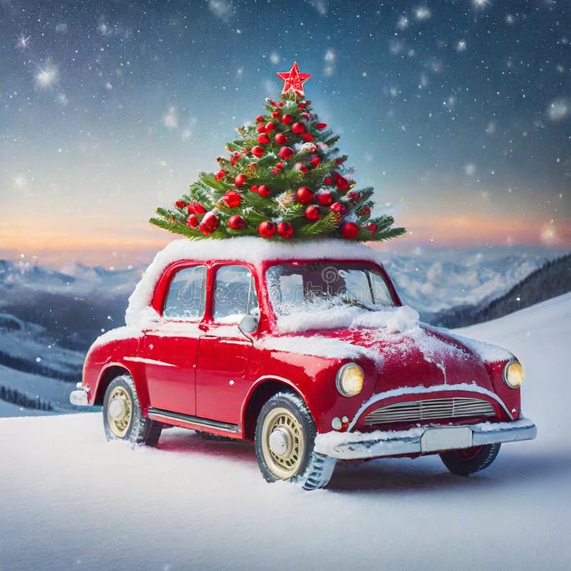 Festive Ride: Red Car Adorned with a Christmas Tree Stock Illustration ...