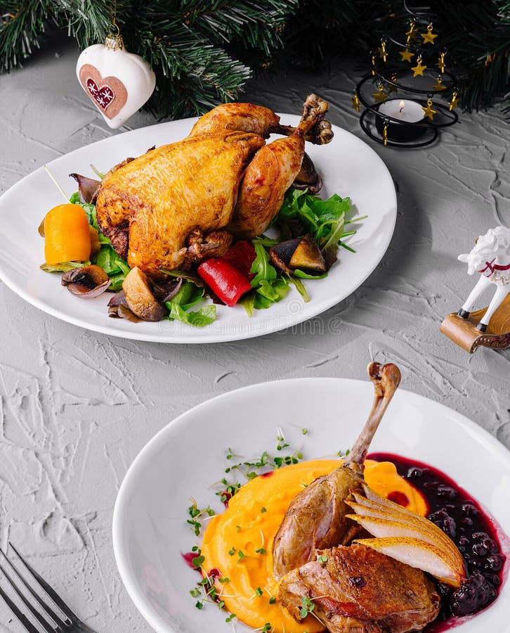 Festive Roasted Chicken and Duck Dinners Stock Image - Image of festive ...