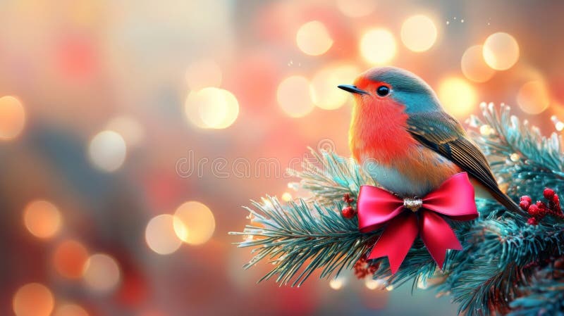 Festive Robin Perched on Christmas Tree Branch Stock Illustration ...