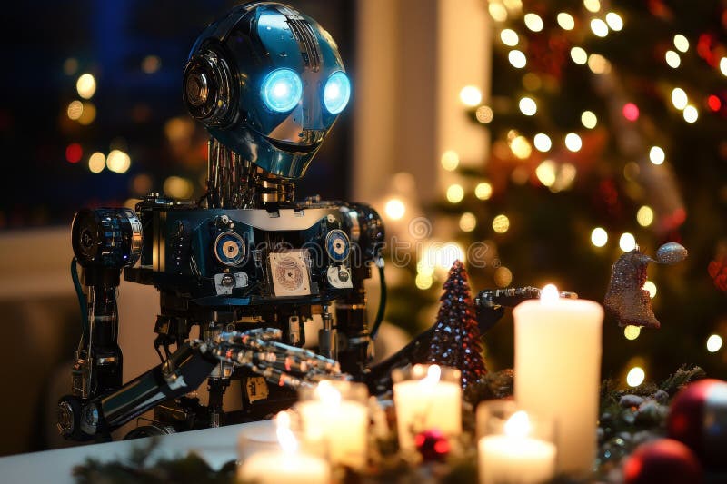 Festive Robot Enjoying a Cozy Candlelit Christmas Setting Stock ...