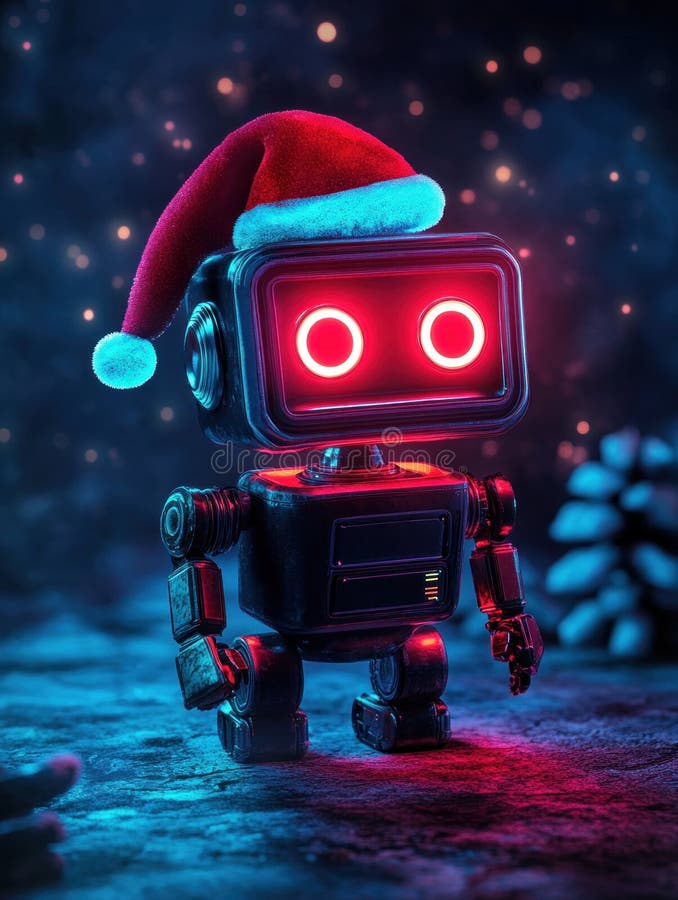 Festive Robot with Santa Hat Glowing in Winter Wonderland Stock Photo ...