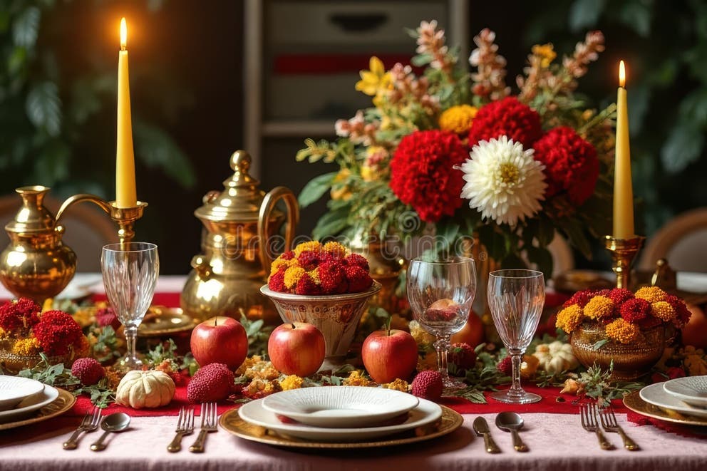 Rosh Hashanah Table Setup stock illustration. Illustration of holiday ...