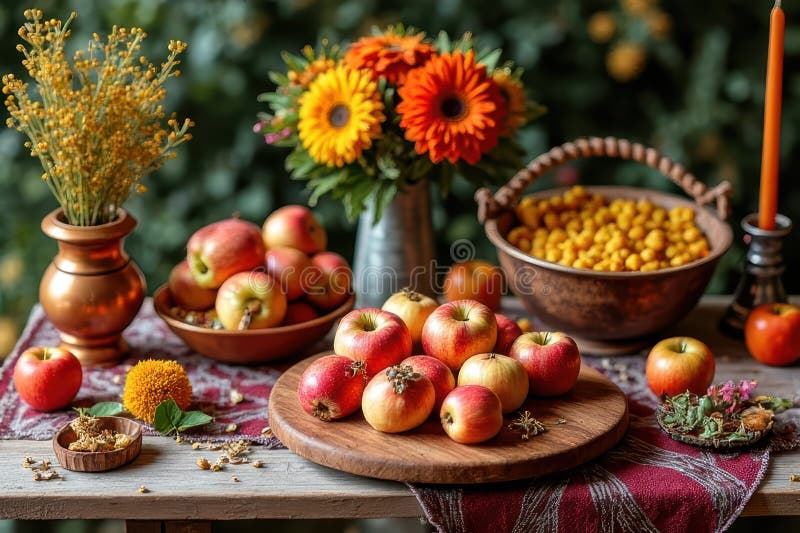 Rosh Hashanah Table Setup Celebration Stock Illustration - Illustration ...