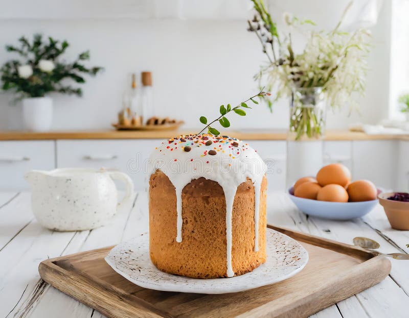 A Festive Russian Kulich Bread, Typical of Easter, Decorated with White ...