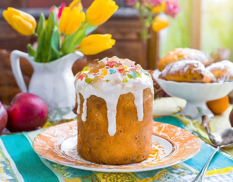 A Festive Russian Kulich Bread, Typical of Easter, Decorated with White ...