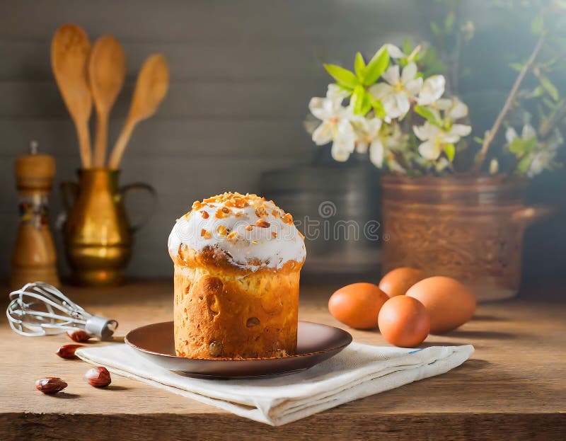 A Festive Russian Kulich Bread, Typical of Easter, Decorated with White ...