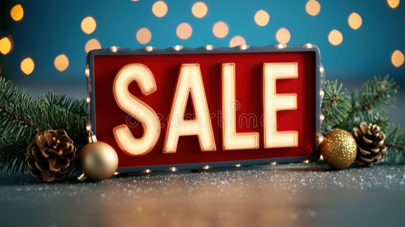 Festive SALE Sign with Illuminated Letters, Pine Branches, and ...