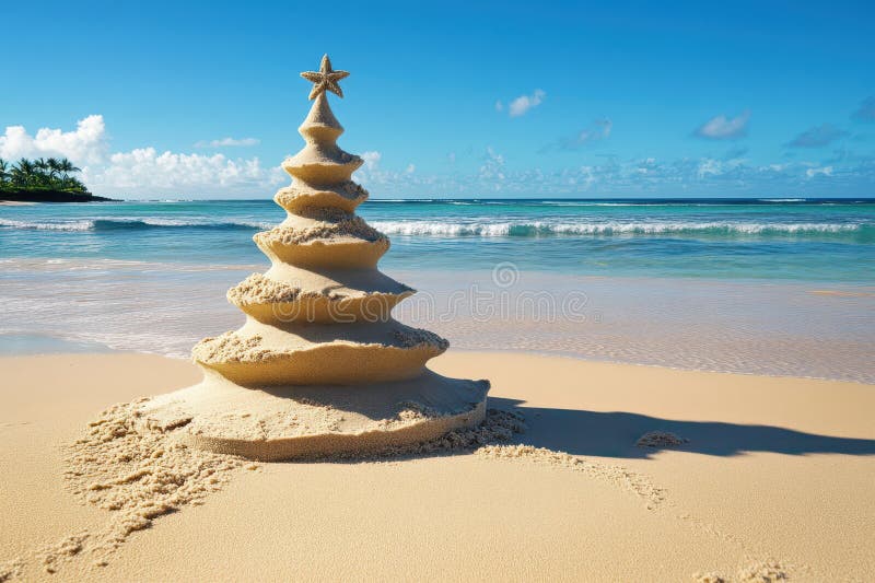 Festive Sand Christmas Tree on a Sunny Tropical Beach Stock Image ...