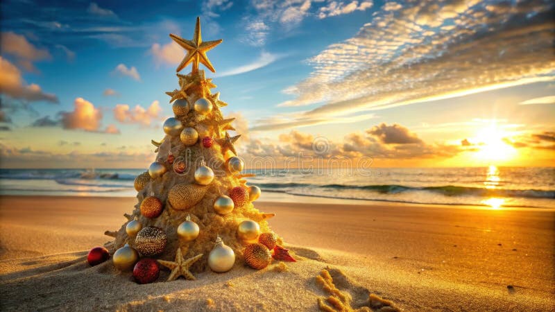 A Festive Sandcastle Christmas Tree at Sunset on a Tropical Beach ...