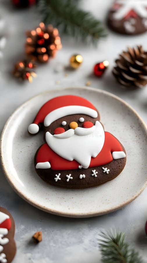 Festive Santa Cookie on Plate with Holiday Decorations and Pinecones ...