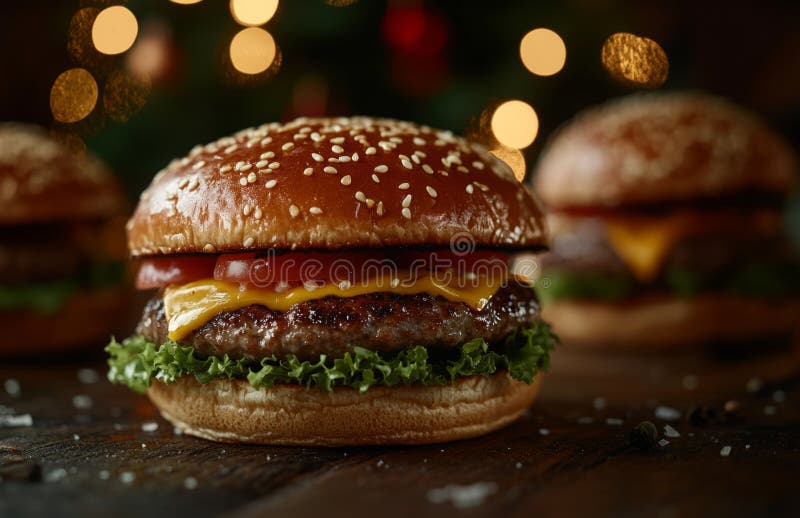 A Group of Burgers on the Table with a Christmas Tree in the Background ...