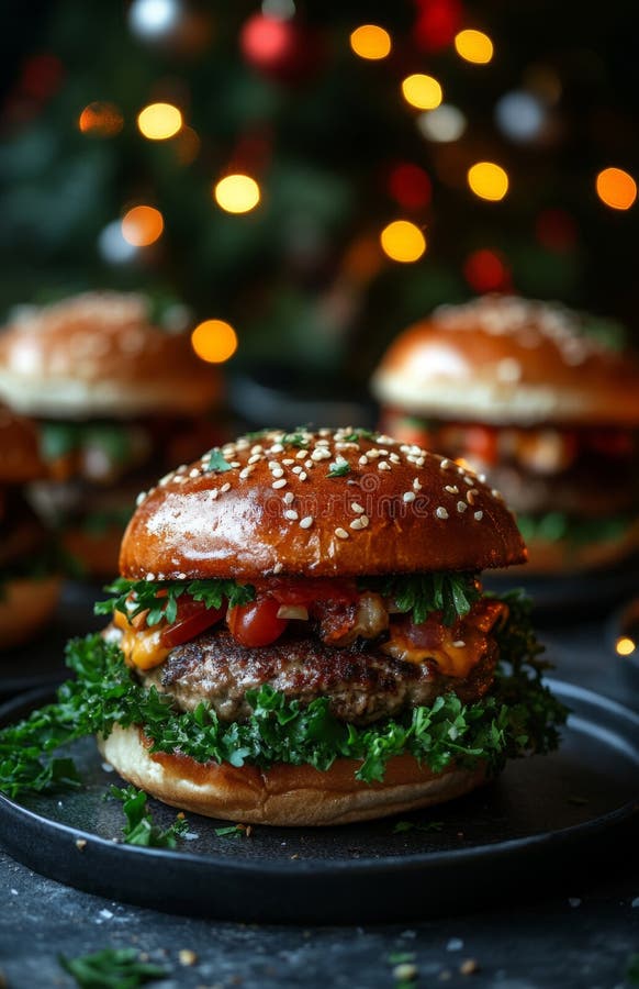 A Group of Burgers on the Table with a Christmas Tree in the Background ...