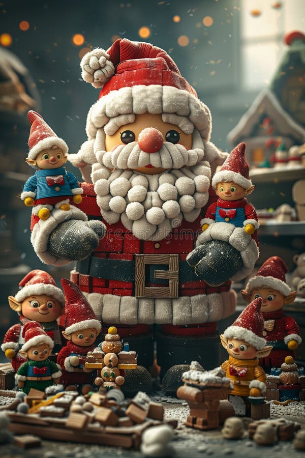 A Festive Scene Featuring Santa Claus with a Group of Cheerful Elves ...