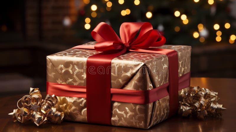 Festive Scene Featuring a Wrapped Gift Box Placed on a Wooden Surface ...