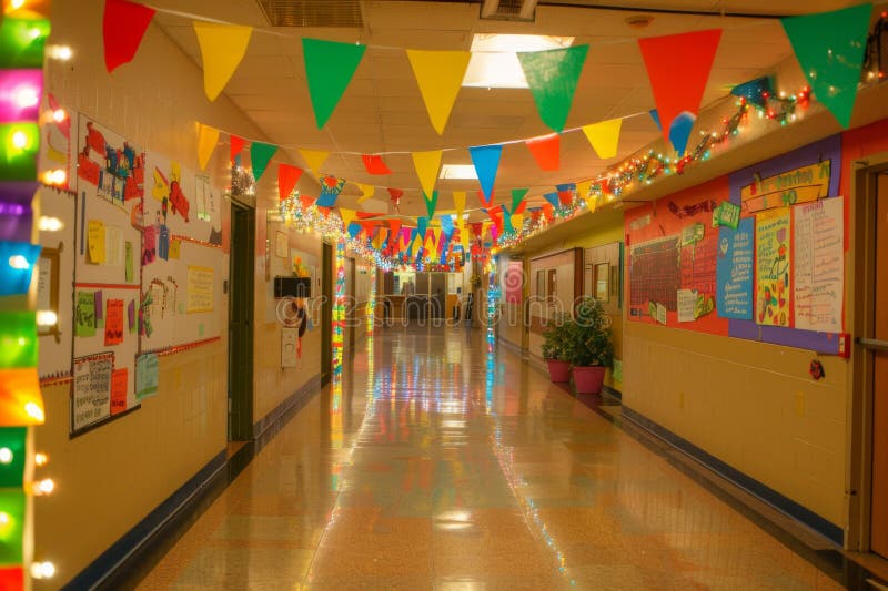 Festive School Hallway Decorated with Colorful Flags Stock Image ...