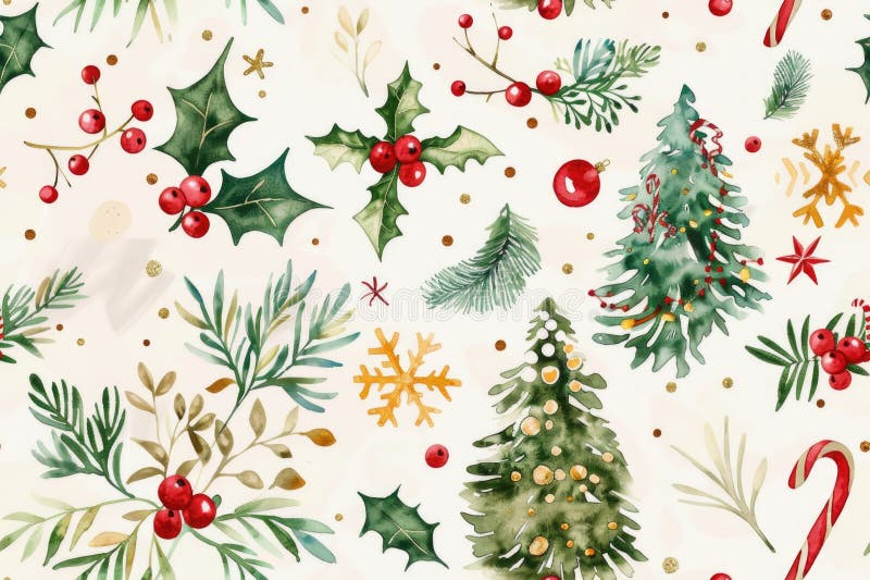Festive Seamless Christmas Pattern Featuring Holly, Pine Trees, and ...