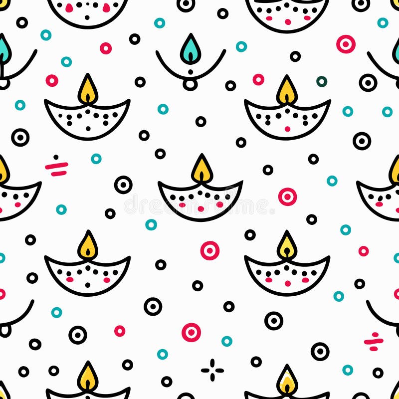 Festive Seamless Pattern of Diya Lamps with Colorful Dots Stock Vector ...