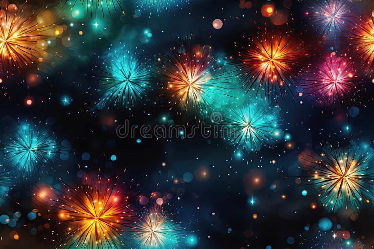 Festive Seamless Pattern with Multicolored Fireworks on Black ...