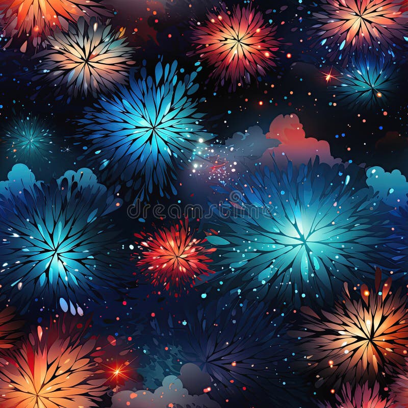Festive Seamless Pattern with Multicolored Fireworks on Blue Background ...