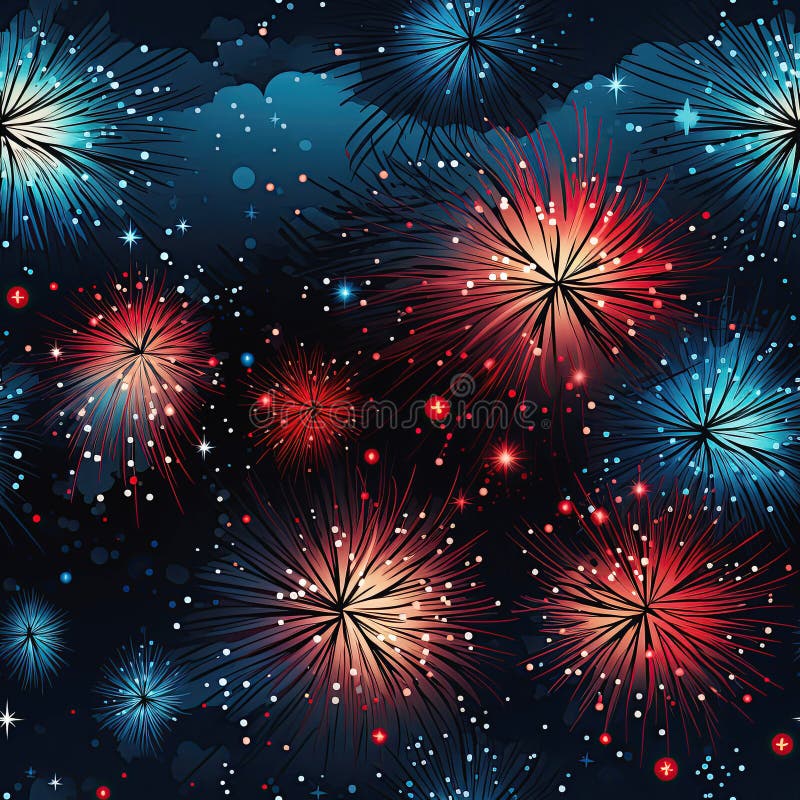 Festive Seamless Pattern with Multicolored Fireworks on Blue Background ...