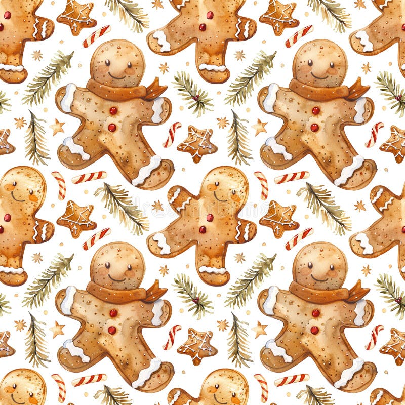 Festive Seamless Pattern of Smiling Gingerbread Man with Candy Canes ...