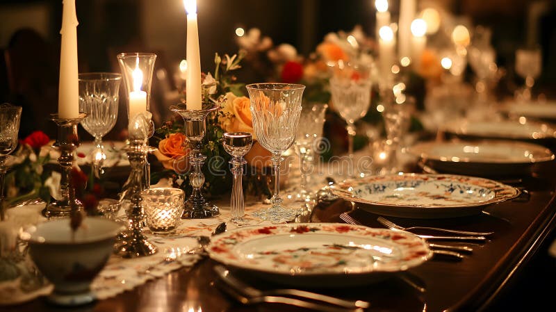 A Festive Set Table for an Elegant Dinner Party Stock Illustration ...