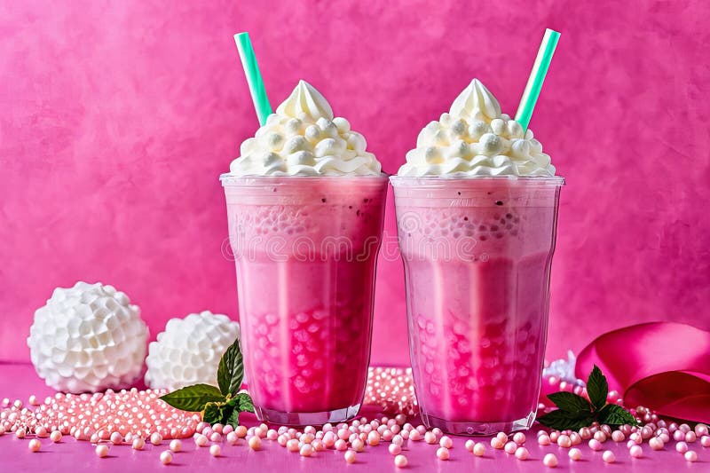 Festive Setting with a Vibrant Pink Bubble Tea Crowned with Whipped ...