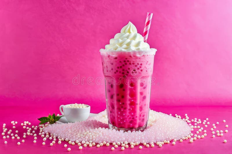 Festive Setting with a Vibrant Pink Bubble Tea Crowned with Whipped ...