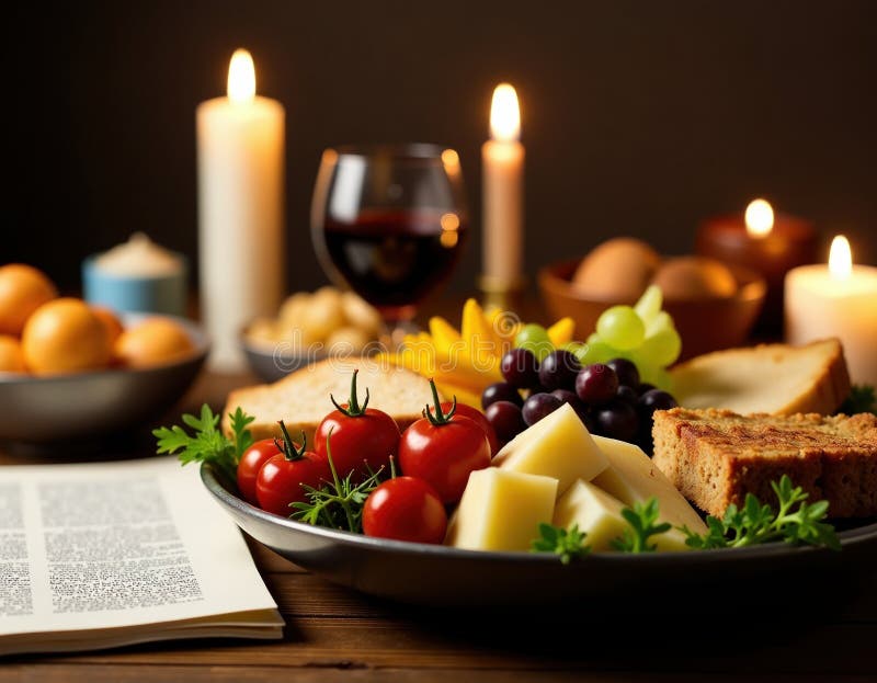 Festive Shabbat Dinner Table with Bread, Cheese, and Fruits Stock ...