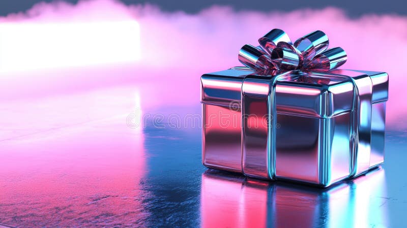 Festive Shimmering Gift Box on Vibrant Pink and Blue Background Stock ...