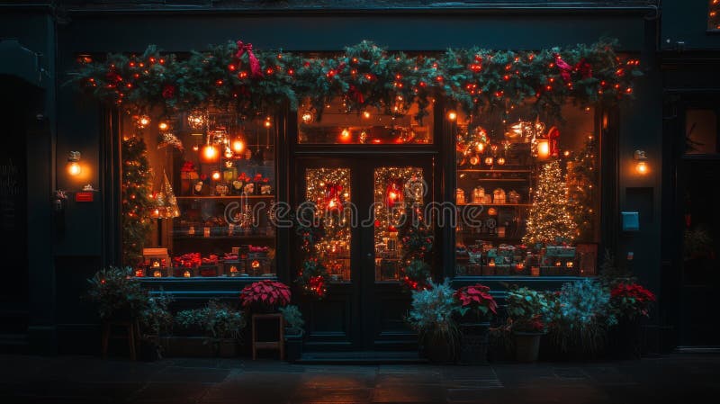 Festive Shop Window Display Christmas Lights and Decorations Stock ...