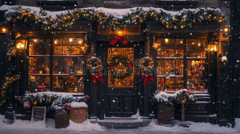 Festive Shop Window Display during Snowy Christmas Eve Stock ...