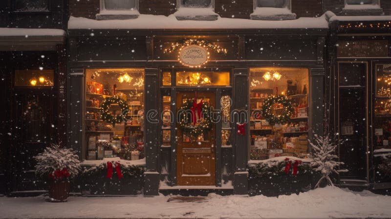 Festive Shop Window Display Under Falling Snow Stock Illustration ...