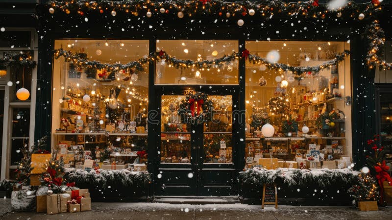 Festive Shop Window Display Under Falling Snow Stock Illustration ...