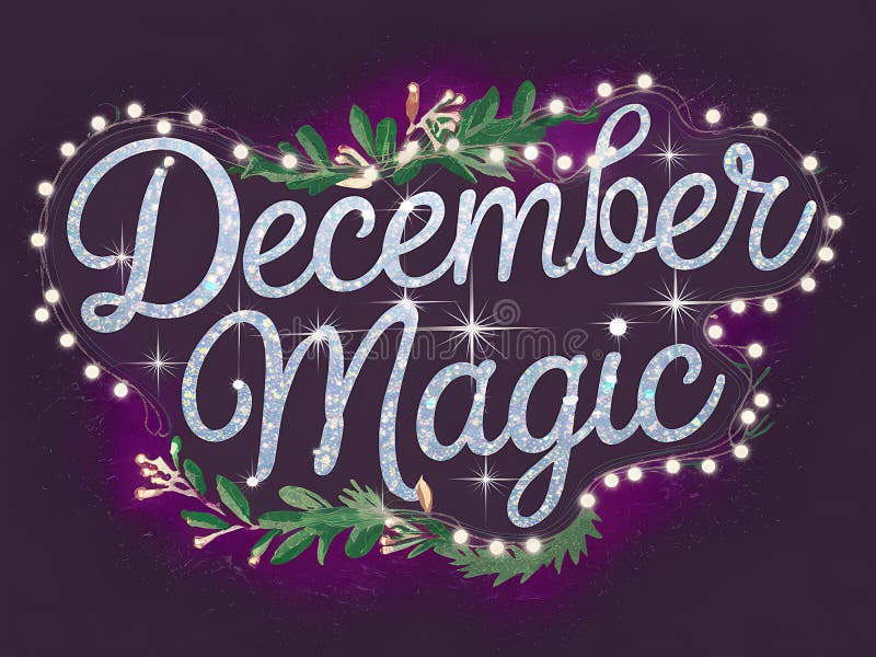 Glittering December Magic Sign with Lights and Greenery Stock Photo ...