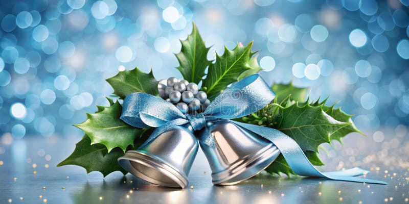 Festive Silver Bells with Holly and Blue Ribbon on a Sparkling ...