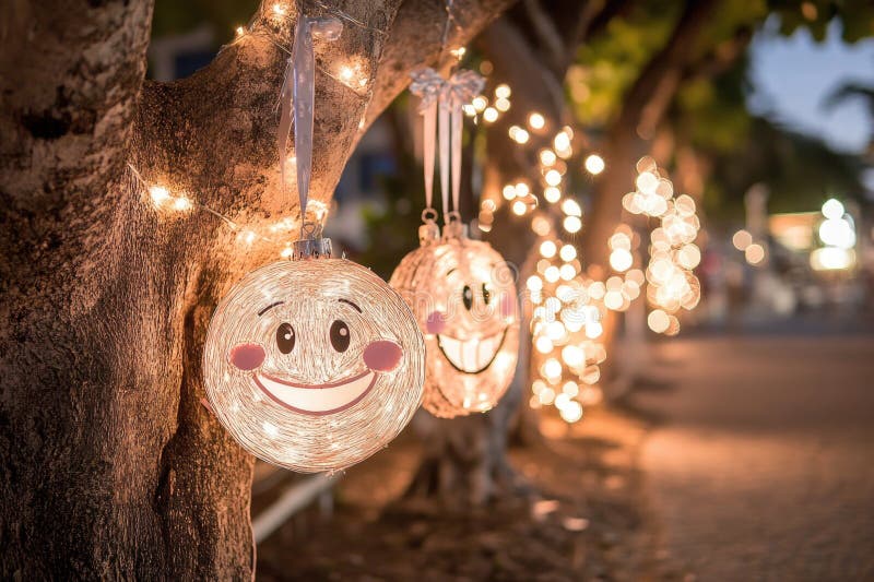 Festive Smiley Face Lights Hanging from Tree in Evening Glow Stock ...