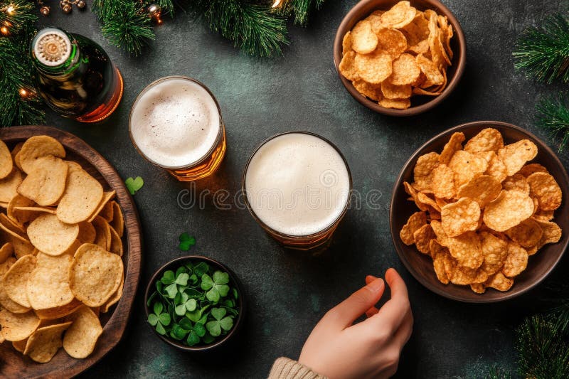 Festive Snack Arrangement with Beer, Crisps, and Decorative Greenery ...