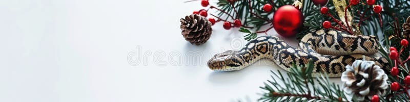 Festive Snake among Christmas Decorations on Snowy Backdrop Stock Image ...