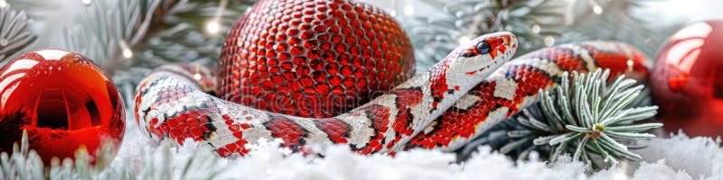 Festive Snake among Christmas Decorations on Snowy Backdrop Stock Image ...