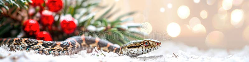 Festive Snake among Christmas Decorations on Snowy Backdrop Stock Image ...