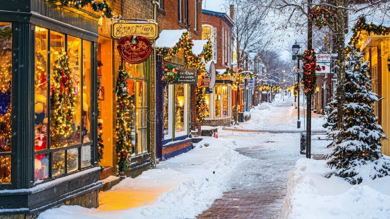 Festive Snow-covered Street with Illuminated Shops and Christmas ...