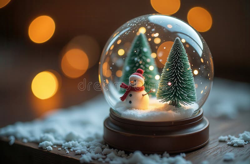 Festive Snow Globe with Cheerful Snowman and Christmas Trees Stock ...