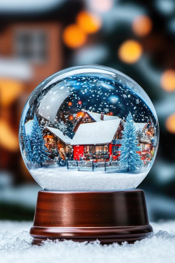 Festive Snow Globe with Winter Village Scene Under Falling Snowflakes ...