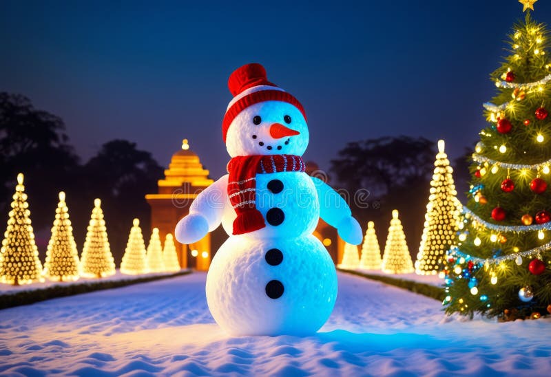 Festive Snowman Amidst Illuminated Trees in Winter Wonderland Stock ...